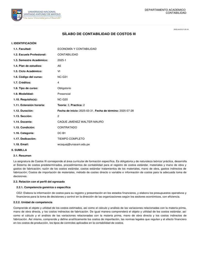 Silabo CAQUE JIMENEZ WALTER MAURO - CONTABILIDAD DE COSTOS III | PDF ...