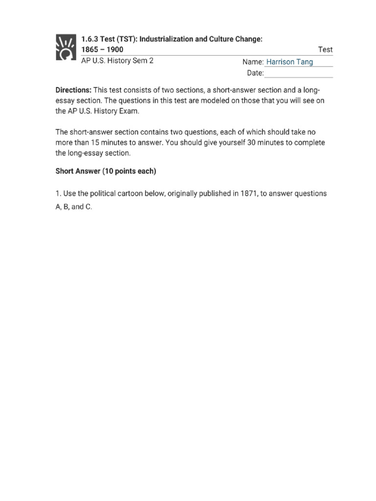 C 1.6.3 Test (TST) - Industrialization and Culture Change - 1865 - 1900 ...