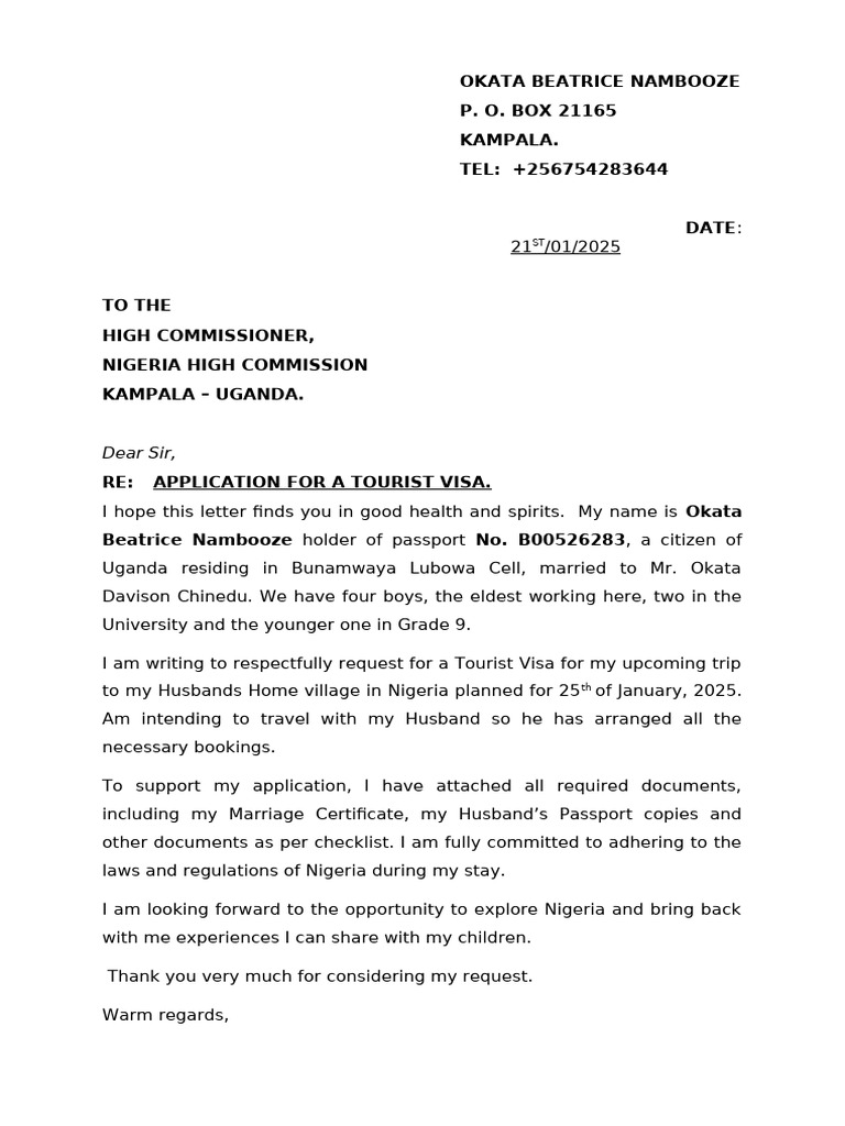 Visa Application Okata Beatrice Nambooze | PDF