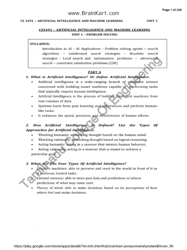 Artificial Intelligence and Machine Learning Lecture Notes 1 | PDF ...