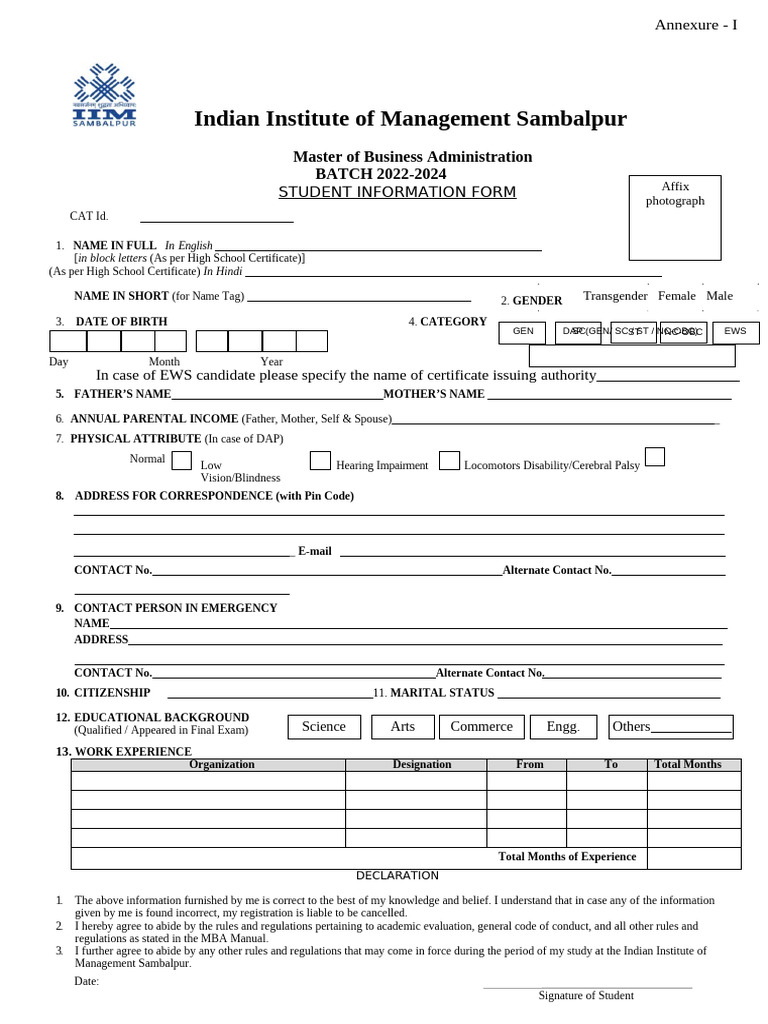 Annexure 1 Student Information Form | PDF