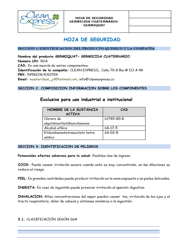 Hoja de Seguridad Germiquat | PDF | Ventilación (Arquitectura) | Agua