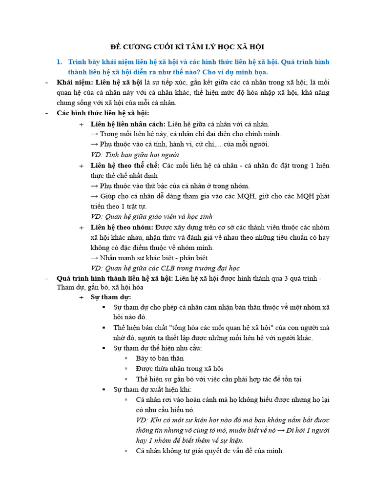 Đề Cương Cuối Kì TLH XH | PDF