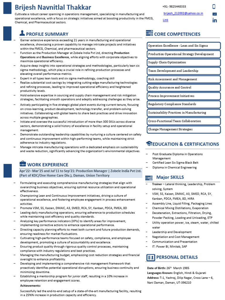 CV Brijesh Thakkar Updated | PDF | Six Sigma | Quality (Business)