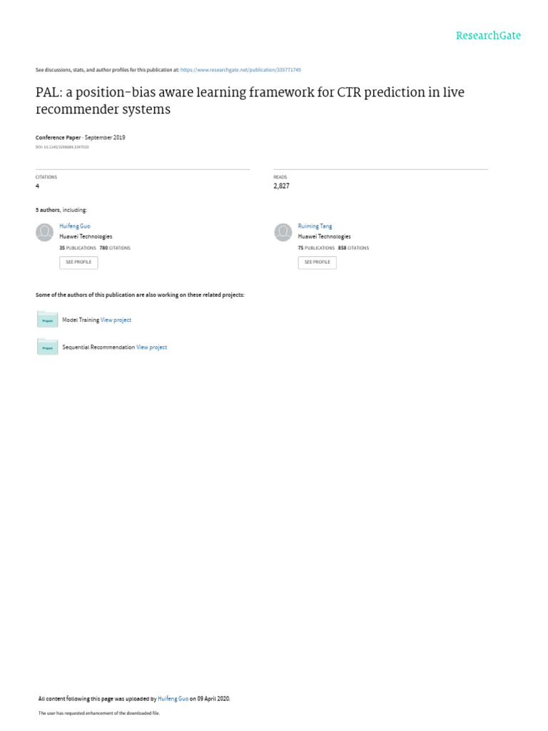 (2019) (Huawei) (PAL) A Position-Bias Aware Learning Framework For CTR Prediction in Live ...