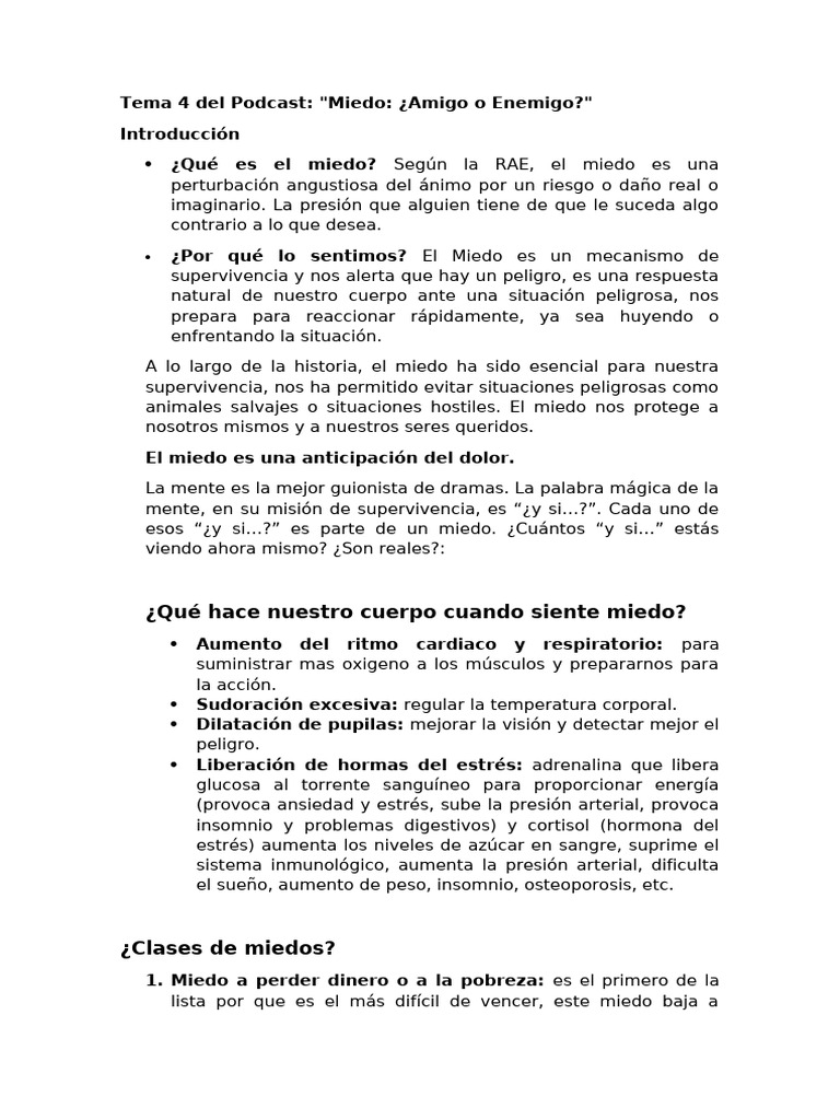 Tema 4 Del Podcast El Miedo | PDF | Temor | Estrés (biología)