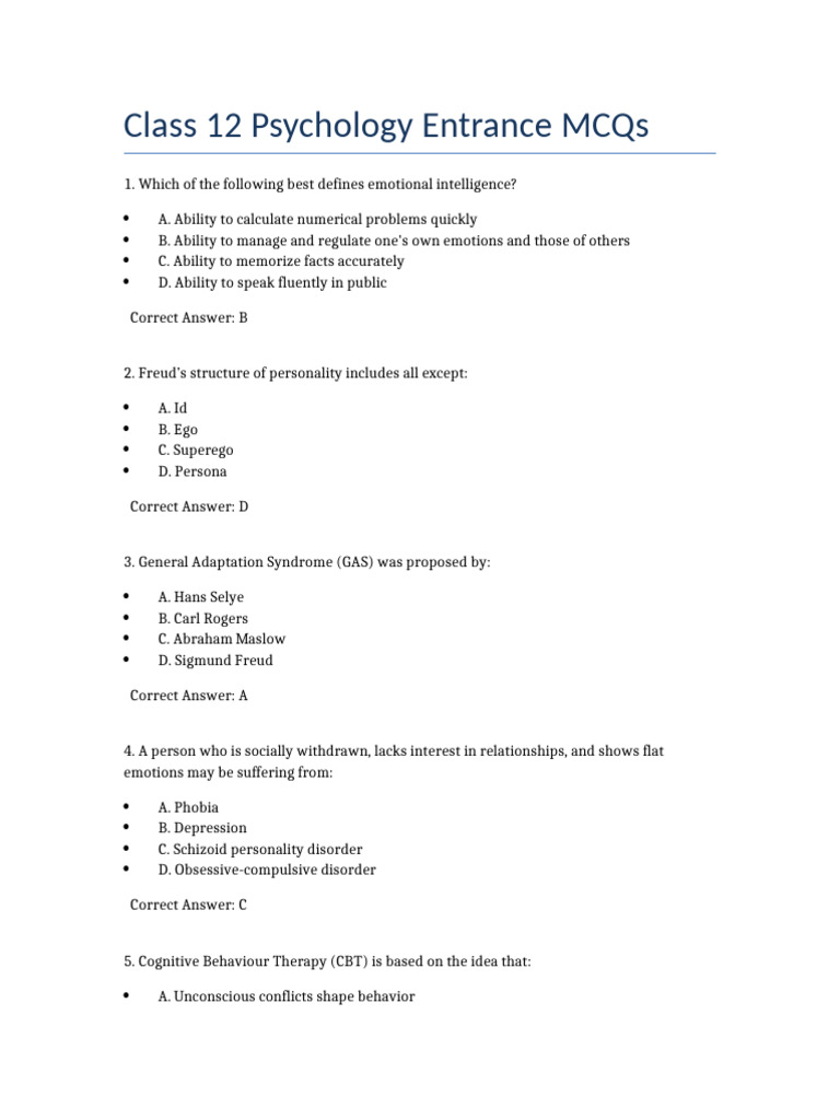 Class 12 Psychology Entrance MCQs | PDF | Cognitive Behavioral Therapy | Psychotherapy