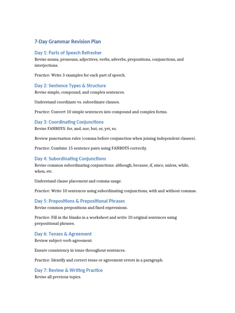 7-Day Grammar Revision Plan | PDF
