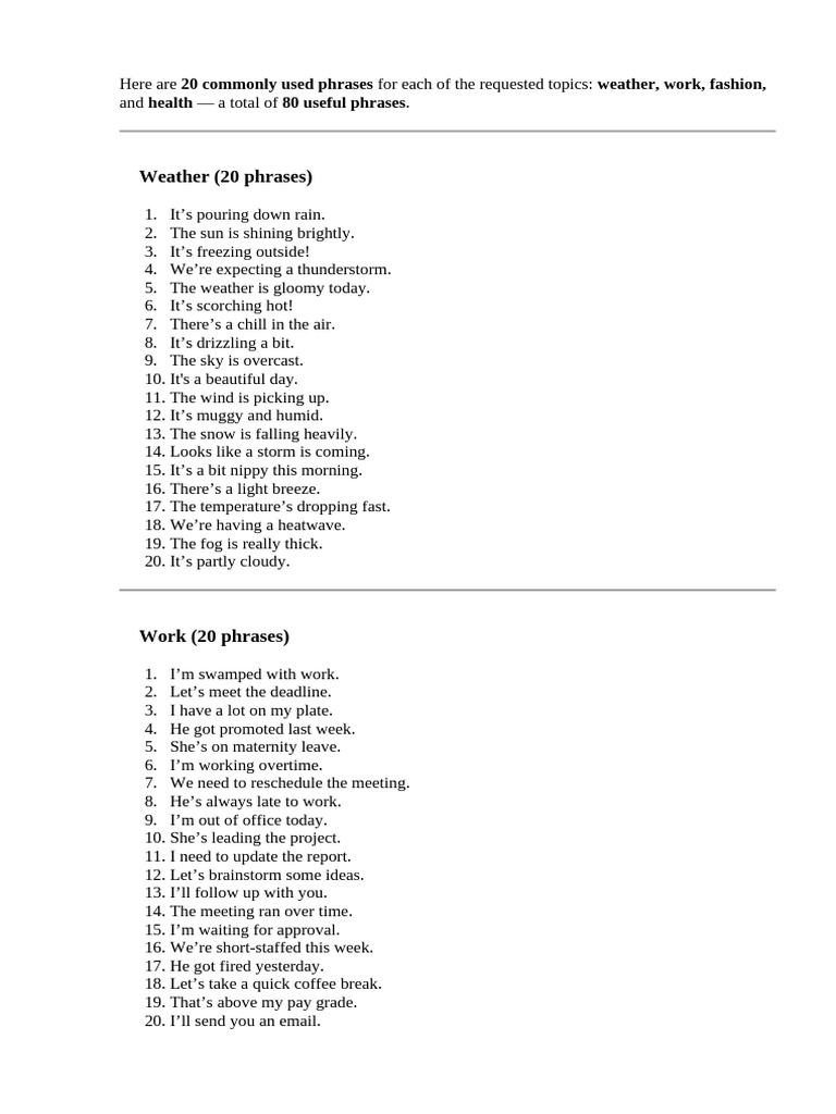 Here Are 20 Commonly Used Phrases For Each of The Requested Topics | PDF