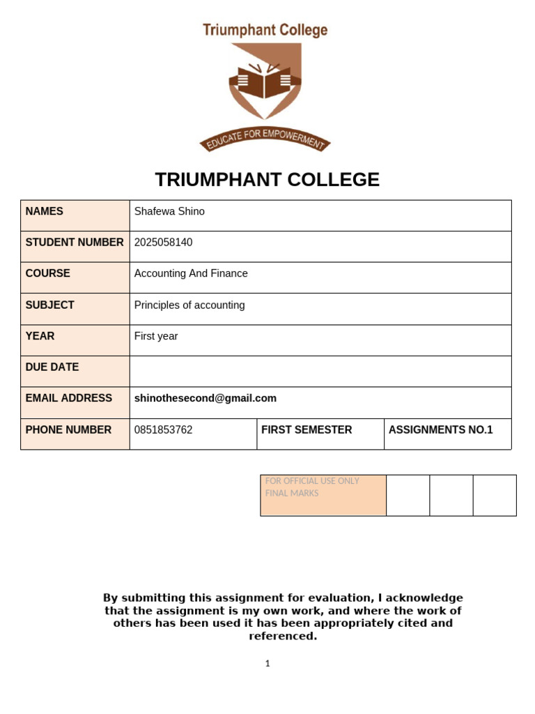Triumphant College Assignment Cover Page | PDF