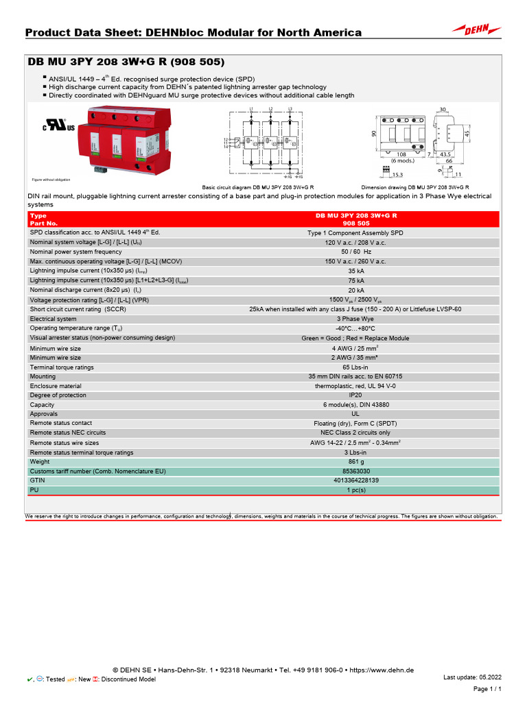 DEHN Supresor de Impulsos DB MU 3PY 208 3W+G R (908505) - Hoja Técnica ...