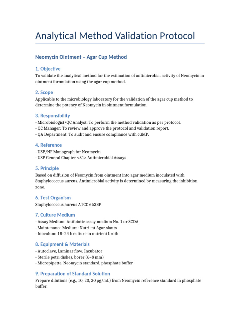 Neomycin Ointment Validation Protocol | PDF | Agar | Detection Limit