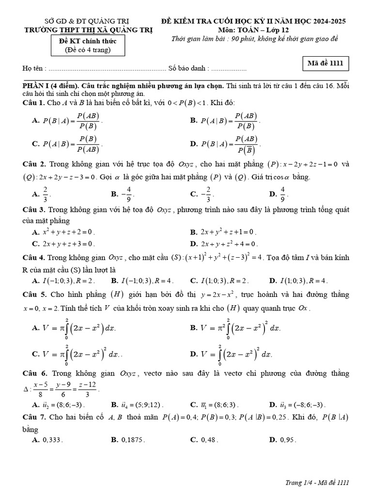 De Cuoi Ky 2 Toan 12 Nam 2024 2025 Truong THPT Thi Xa Quang Tri | PDF