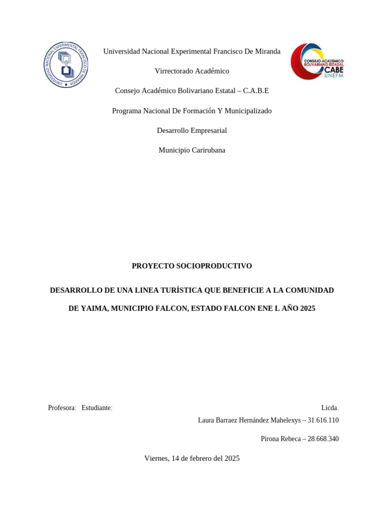 Proyecto Socio Productivo Ruta Turistica | PDF | Turismo | Venezuela