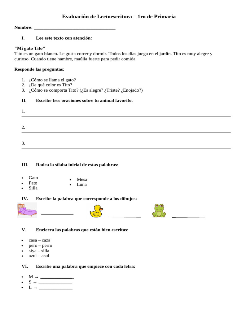 Evaluación de Lectoescritura 1ro - Abril | PDF