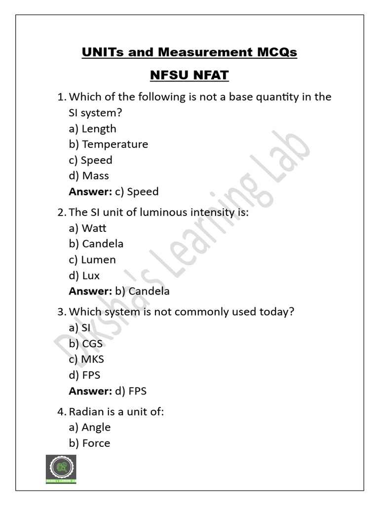 MCQs - UNITs and Measurement - 60638146 - 2025 - 05 - 17 - 12 - 12 | PDF | International System ...