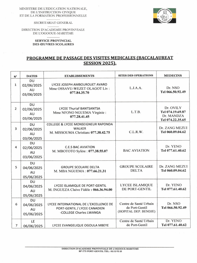 Planning Des Visites Médicales BAC 2025 | PDF