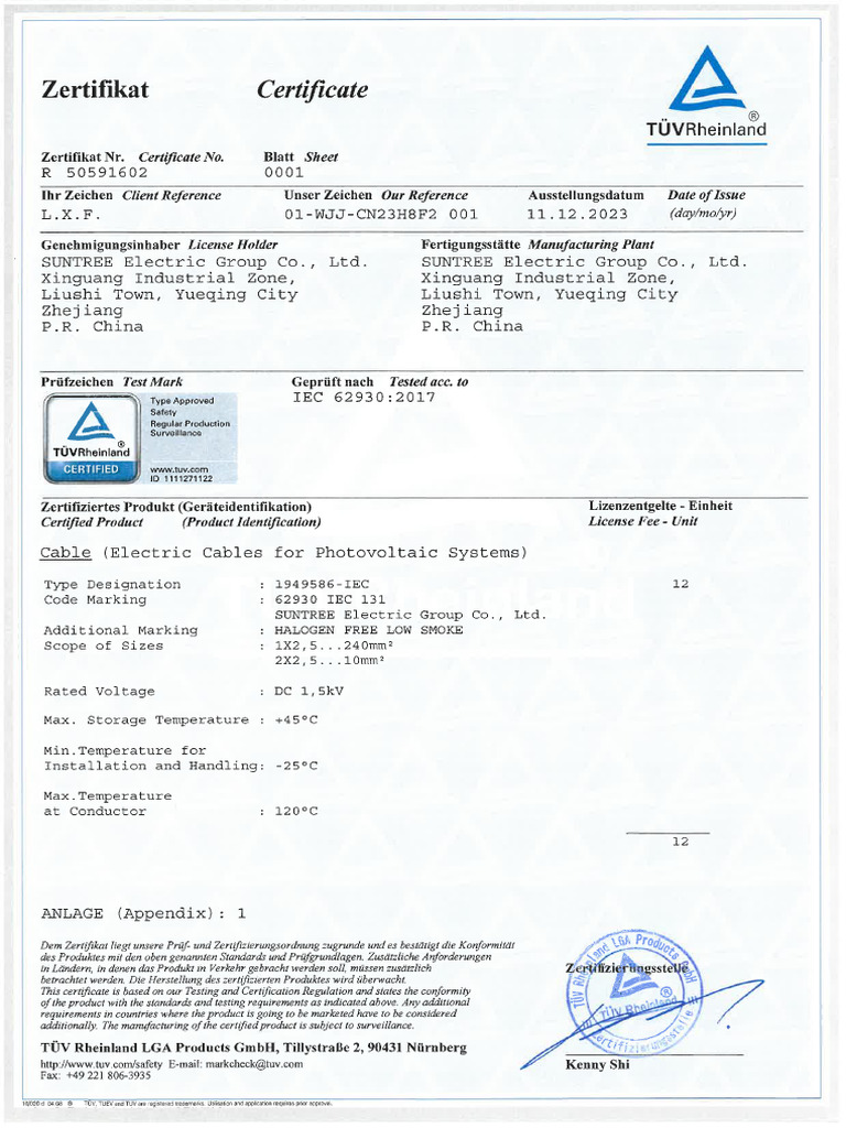 Certificado Internacional Cable Suntree | PDF