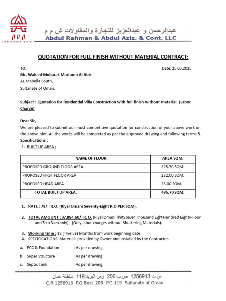 Quotation For Residential Villa Labour Charge | PDF | Concrete ...
