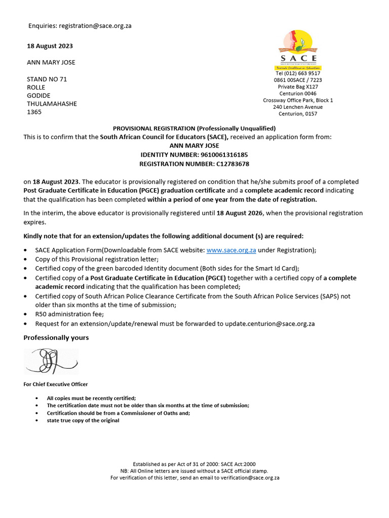 Sa Conditional Registration Professionally Unqualified ...