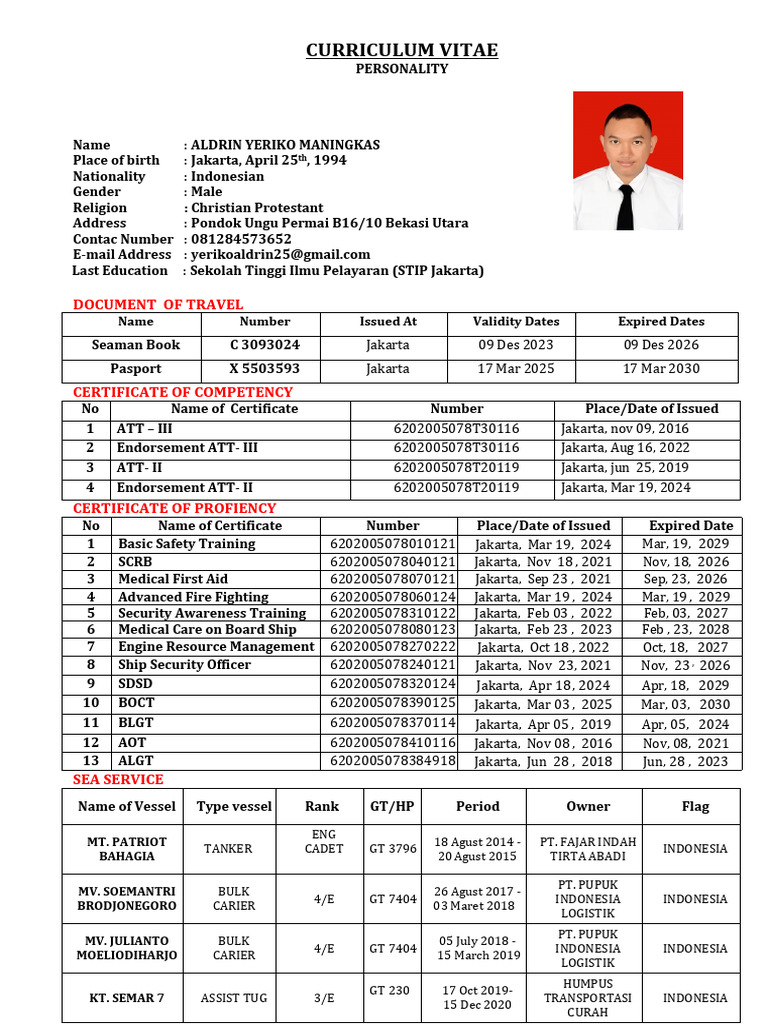 New CV - Aldrin Yeriko Maningkas | PDF | Shipping | Water Transport