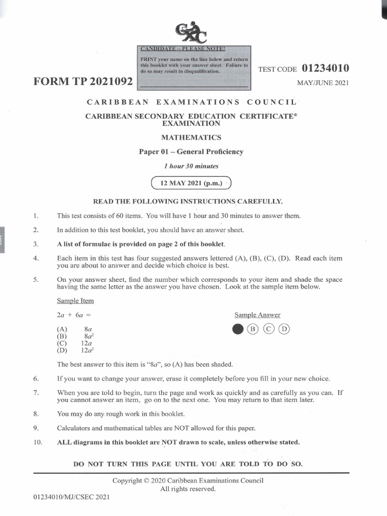 Csec June 2021 Mathematics P1 ANS | PDF