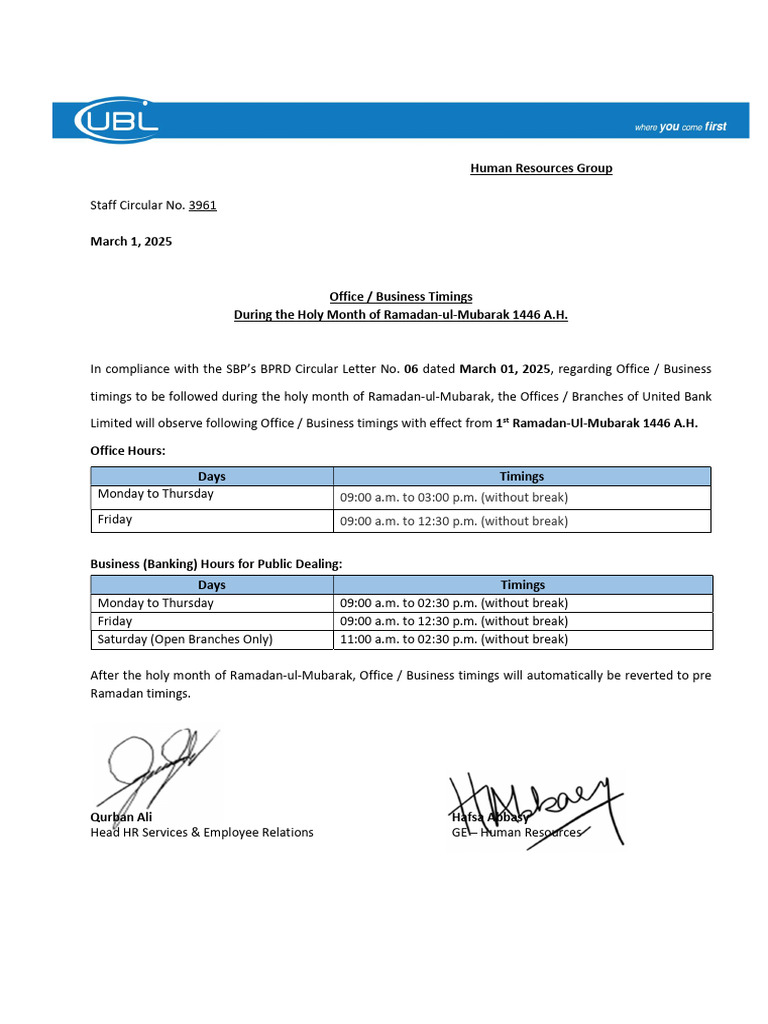 Staff Circular - Ramadan Timings | PDF