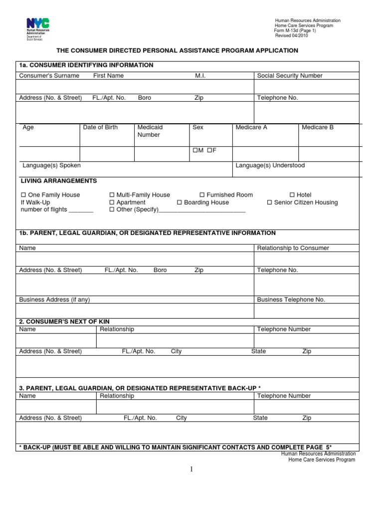 Consumer Directed Personal Assistance Application | PDF | Home Care ...