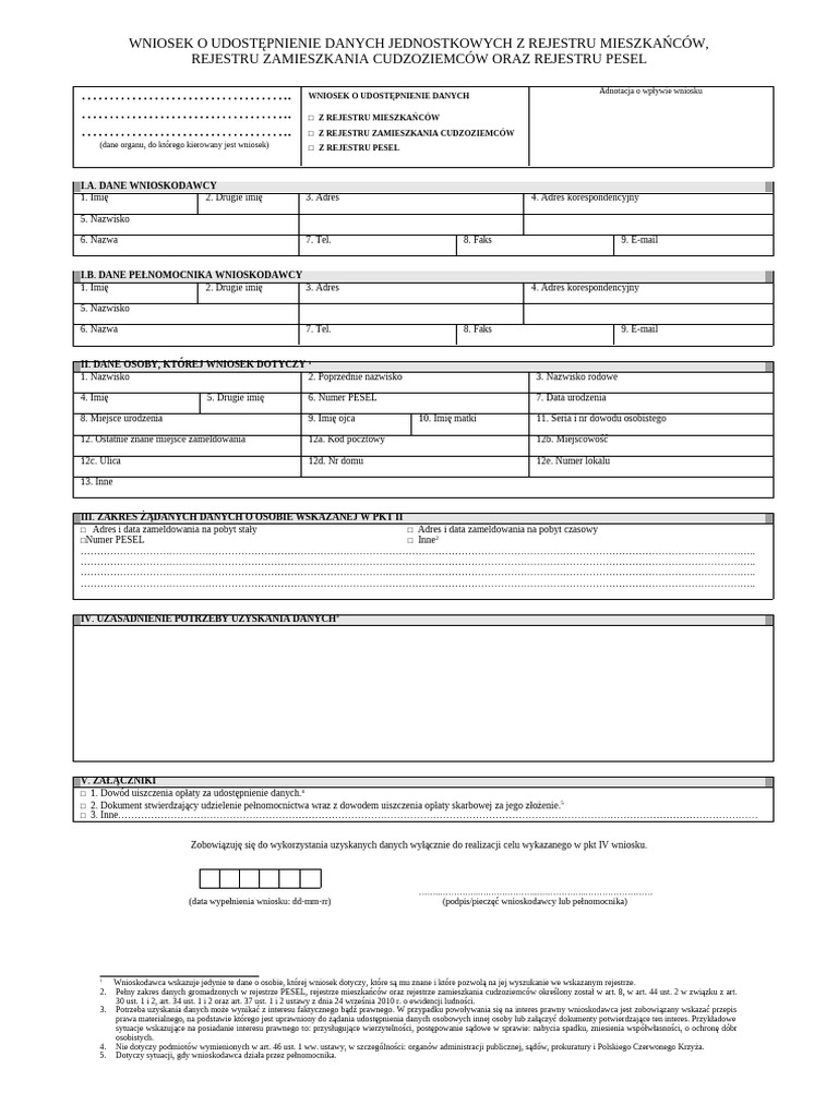Wniosek o Udostepnienie Danych Jednostkowych z Rejestru Mieszkancow | PDF