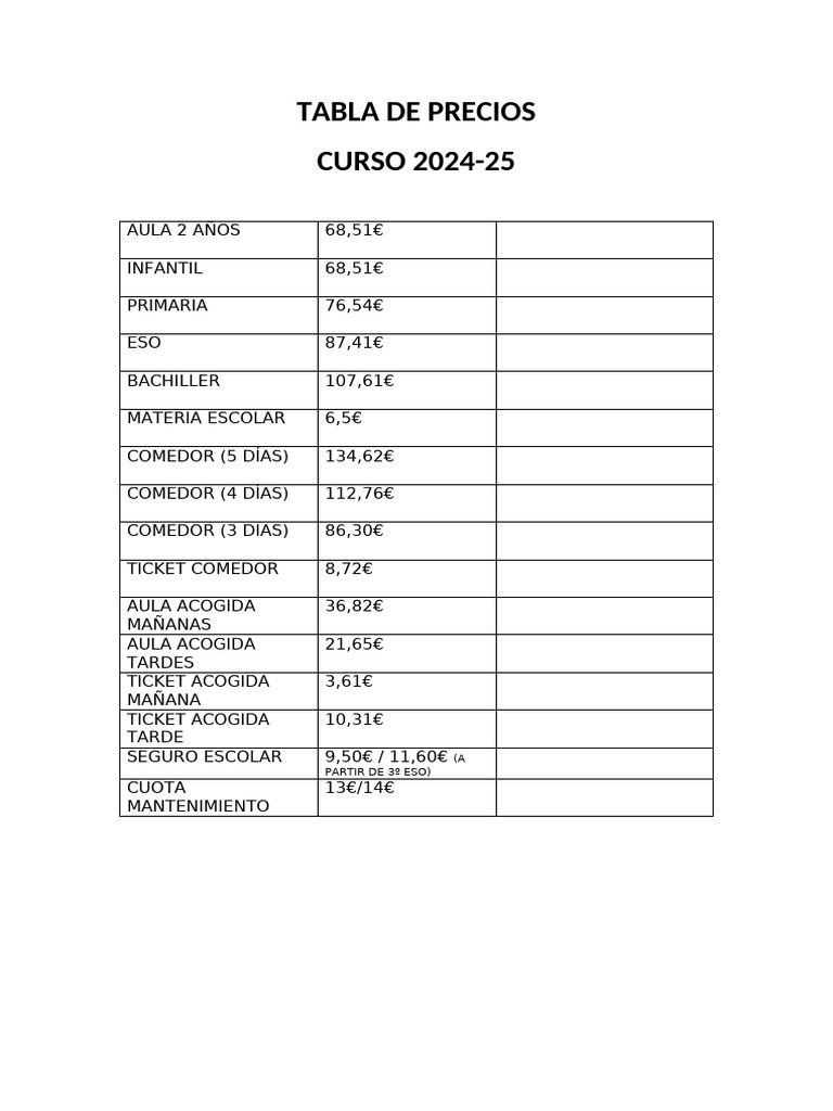Tabladeprecioscurso2024-25 4639 | PDF