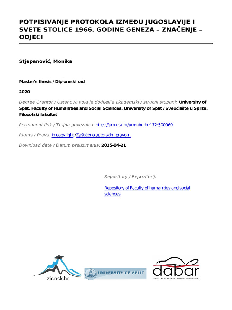 Potpisivanje Protokola Izmedu Jugoslavije I Svete Stolice 1966. Godine. Geneza. Znacenje. Odjeci ...