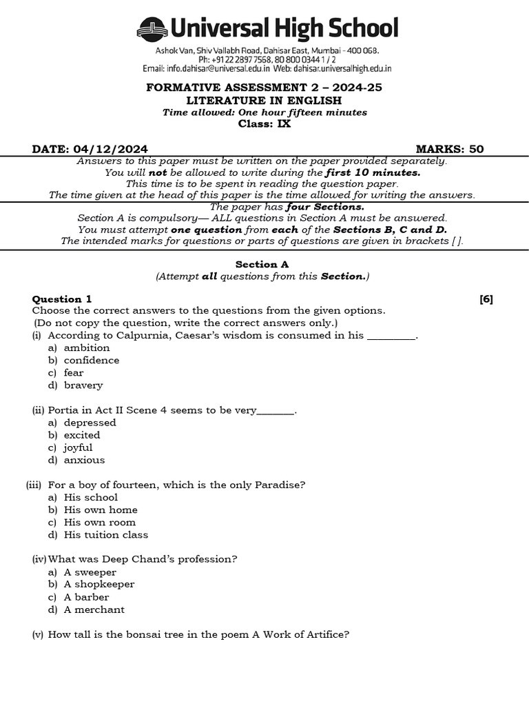 CISCE Class IX English Literature Set A FA2 Question Paper (2024 25) | PDF