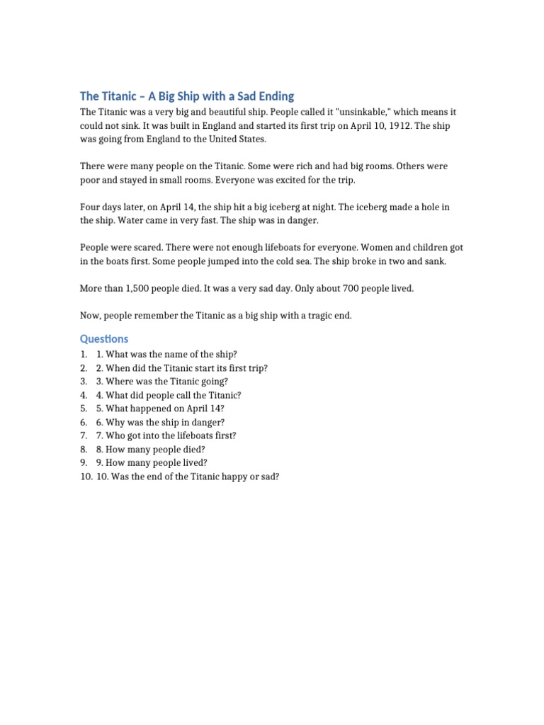 Titanic Beginner Text With Questions | PDF