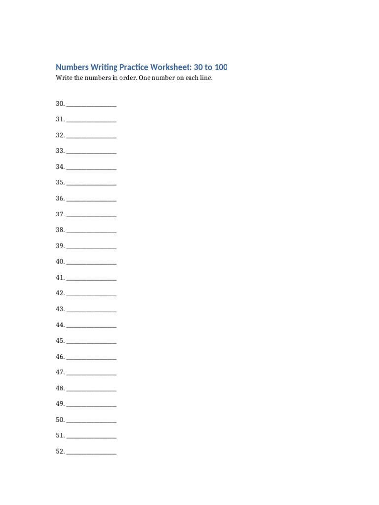 Numbers 30-100 Writing Practice | PDF