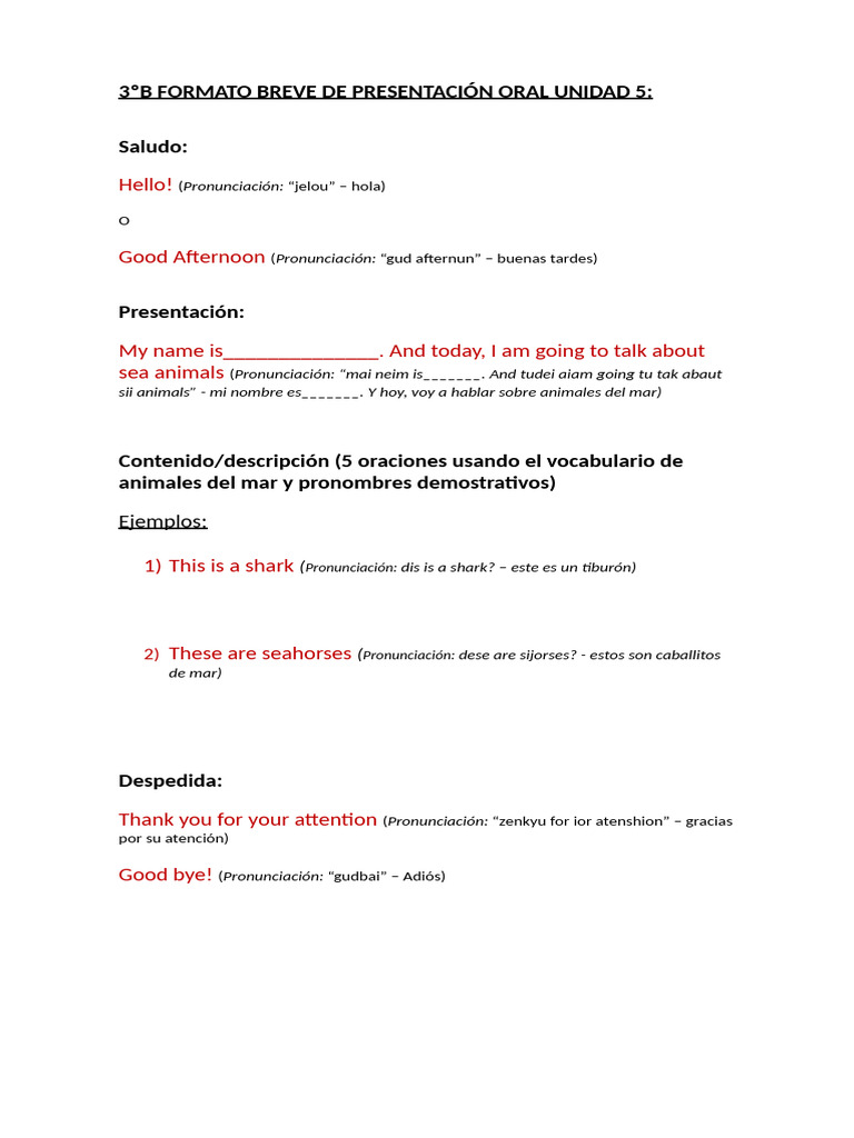 Formato Breve de Presentación 4ºa-B - Unit 3 | PDF