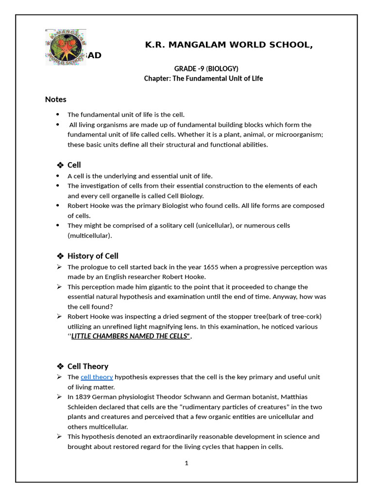 Notes of CH Cell 9 Bio Till Nucleus | PDF | Osmosis | Cell (Biology)