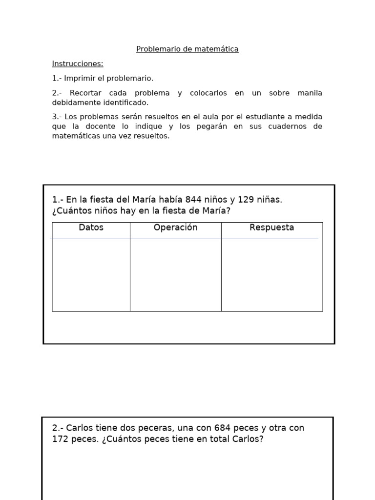 Problemario de Matemática Primer Grado Tercer Lapso 2024-2025 | PDF