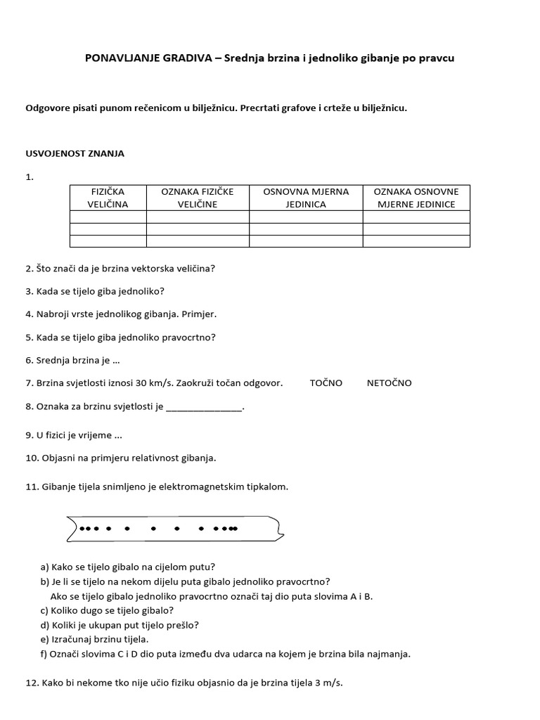 Priprema Za Pisanu Provjeru Znanja Srednja Brzina I Jednoliko Pravocrtno Gibanja | PDF