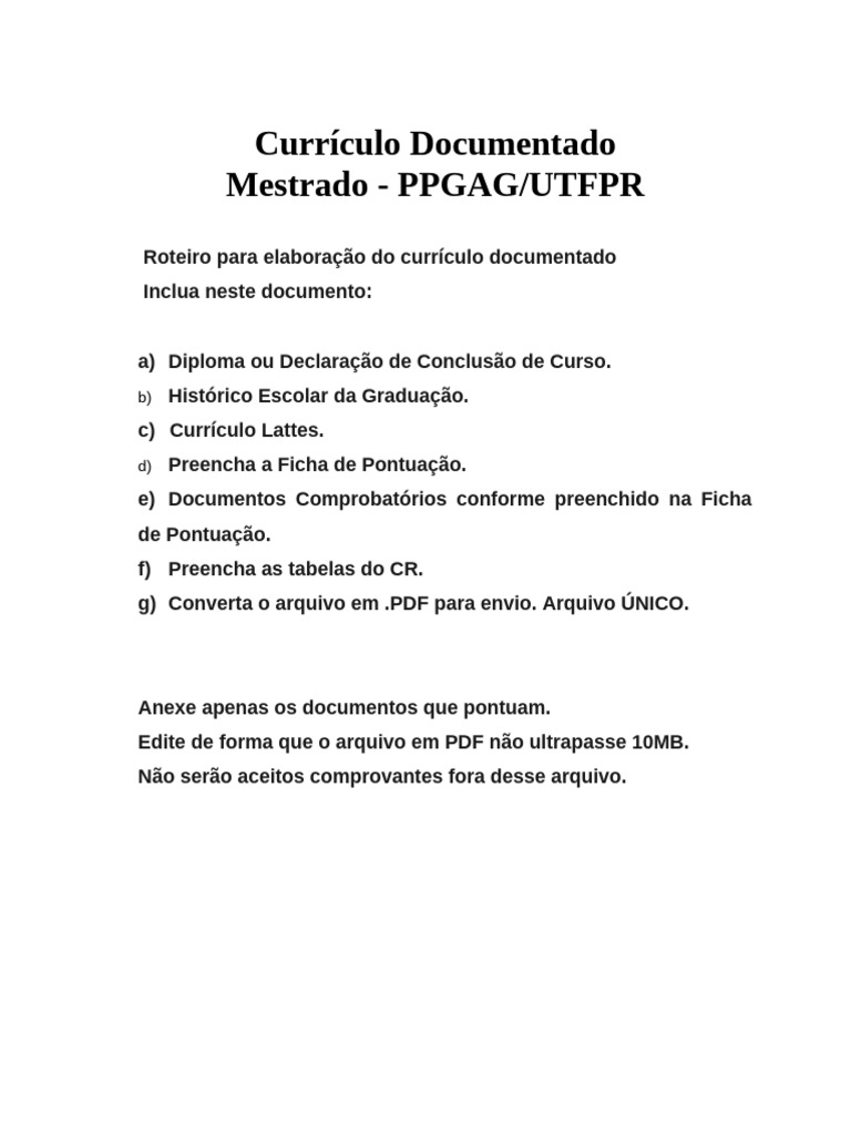 Roteiro para Currículo Documentado | PDF | Pós-graduação | Agricultura