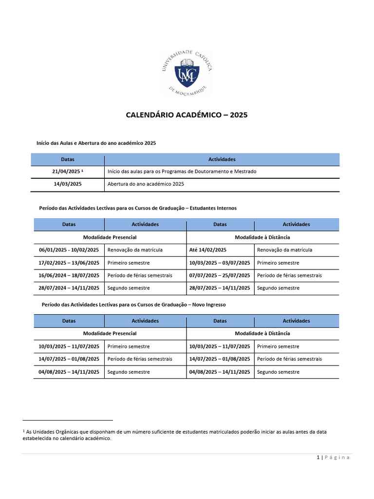 Calendário Acadêmico UCM 2025 | PDF | Moçambique | Educação à distância