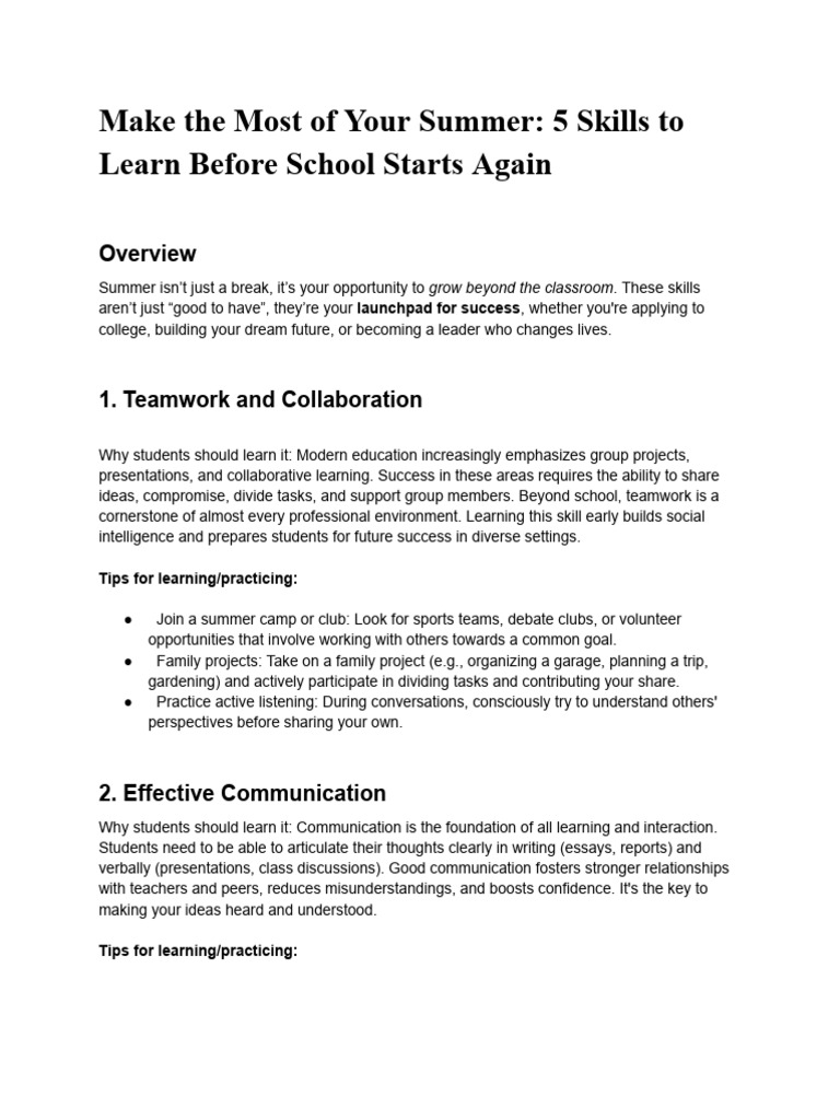 Make The Most of Your Summer - 5 Skills To Learn Before School Starts ...
