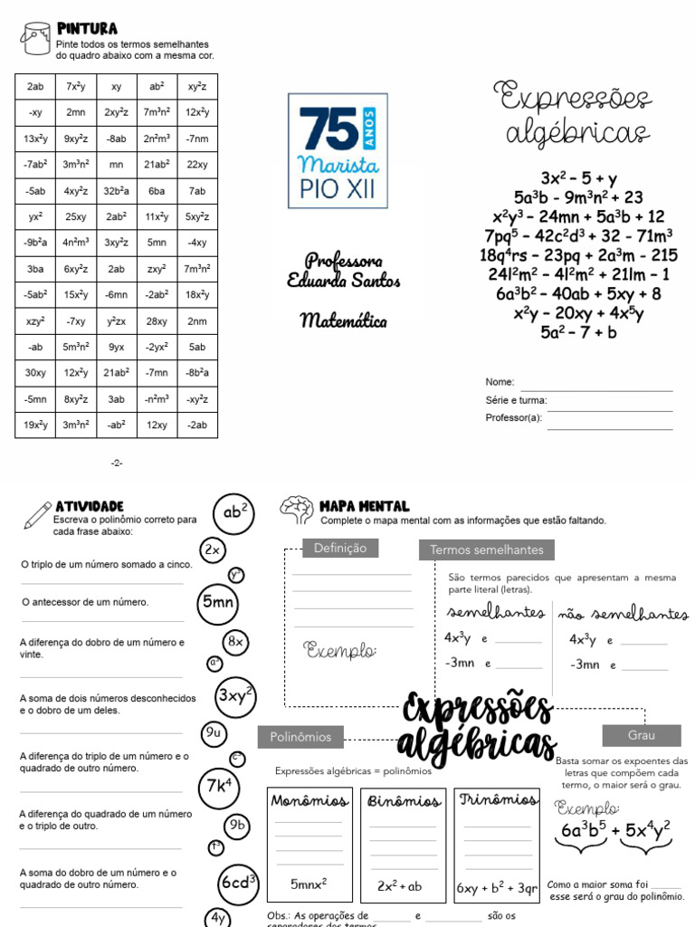 Folder Expressões Algébricas 8° Ano | PDF | Álgebra | Álgebra abstrata