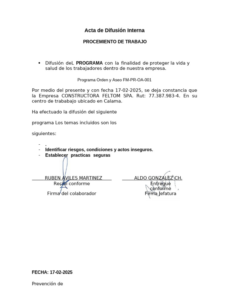 2. DIFUSION PROGAMA ORDEN Y ASEO_RUBEN AVILES_ FM-PR-OA-001 | PDF