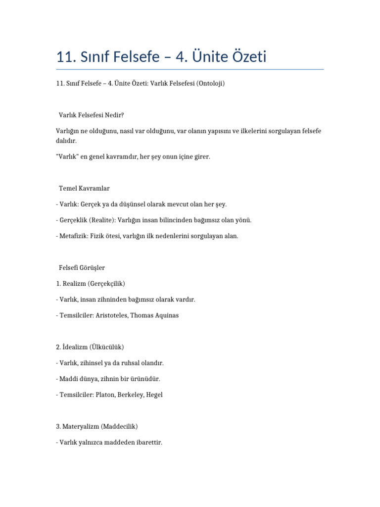 11 Sinif Felsefe 4 Unite Ozet | PDF