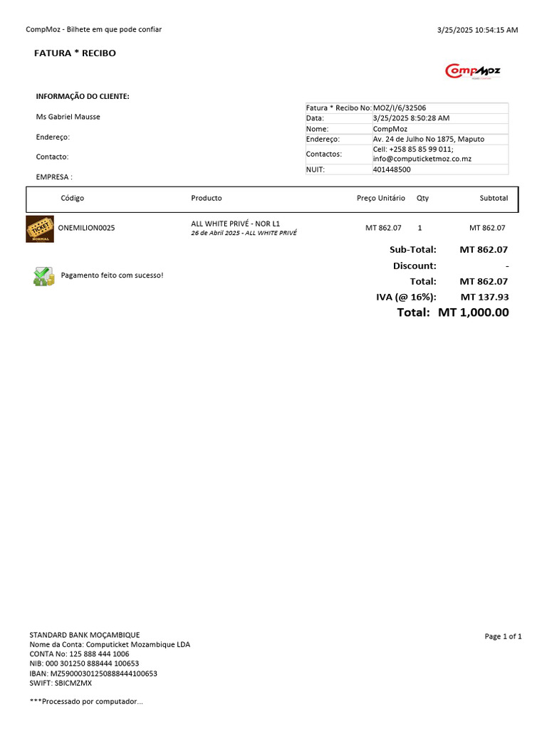 (CompMoz) Ms Gabriel Mausse - Invoice - MOZI632506 | PDF