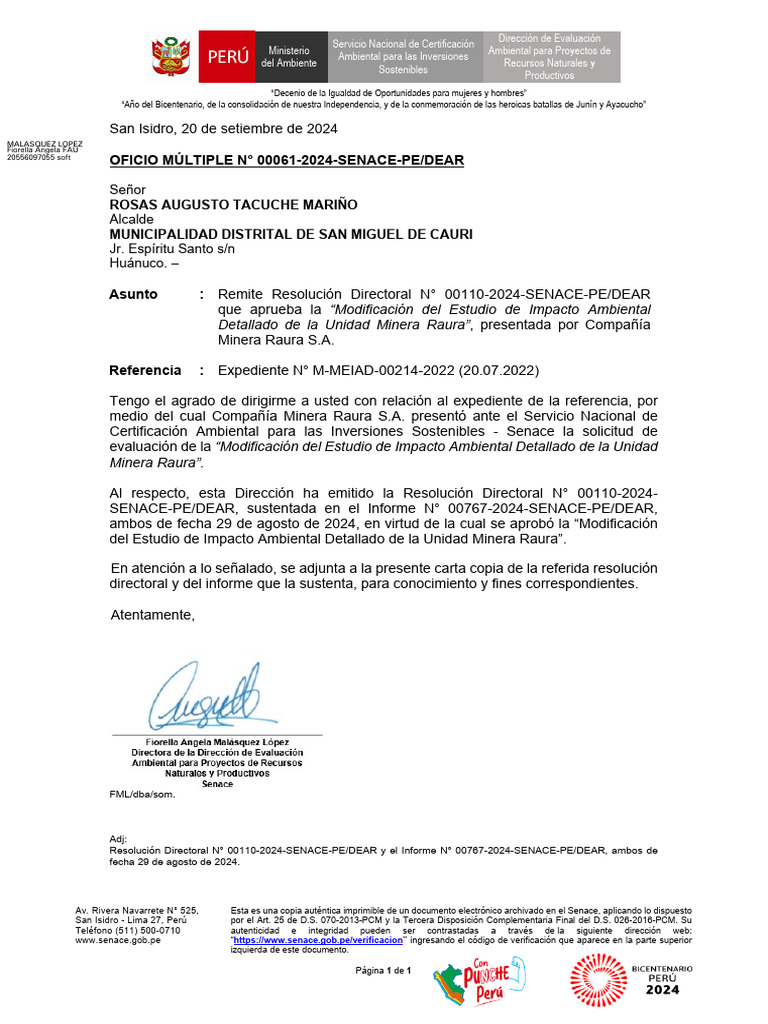 Signed - Stamped - Oficio Múltiple - 00061 - 2024 - SENACE - PE - DEAR4 | PDF