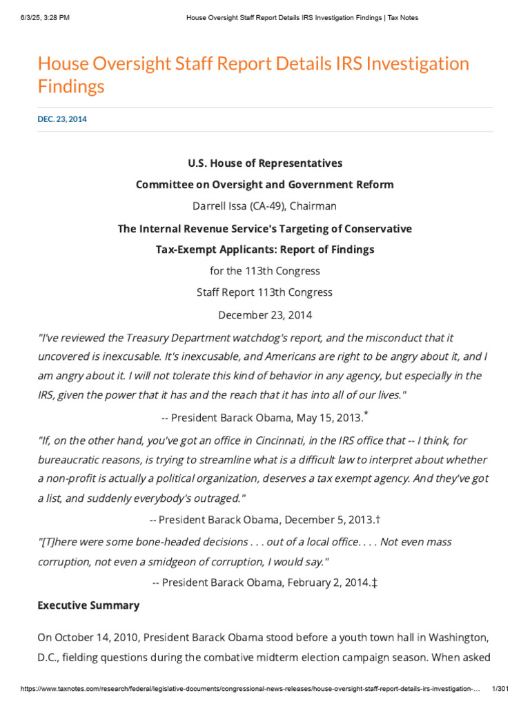 House Oversight Staff Report Details IRS Investigation Findings - Tax ...