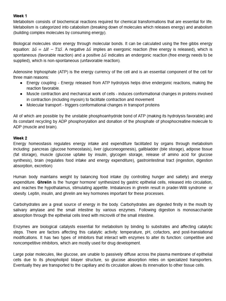 Biochemical Principles of Life Week 1 and 2 Summary | PDF | Metabolism ...