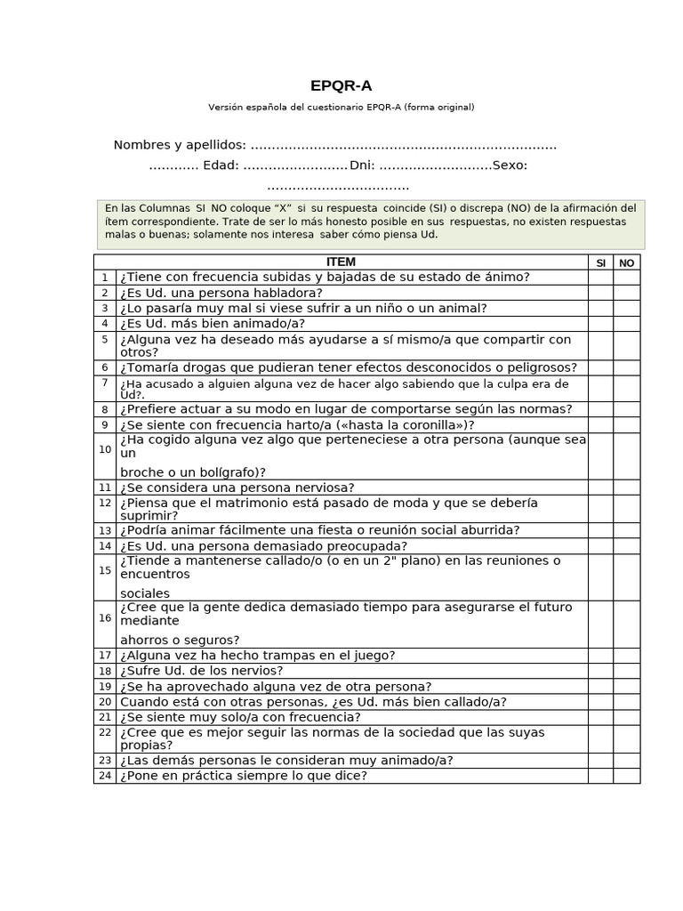 Epq-r-A Test Personalidad | PDF