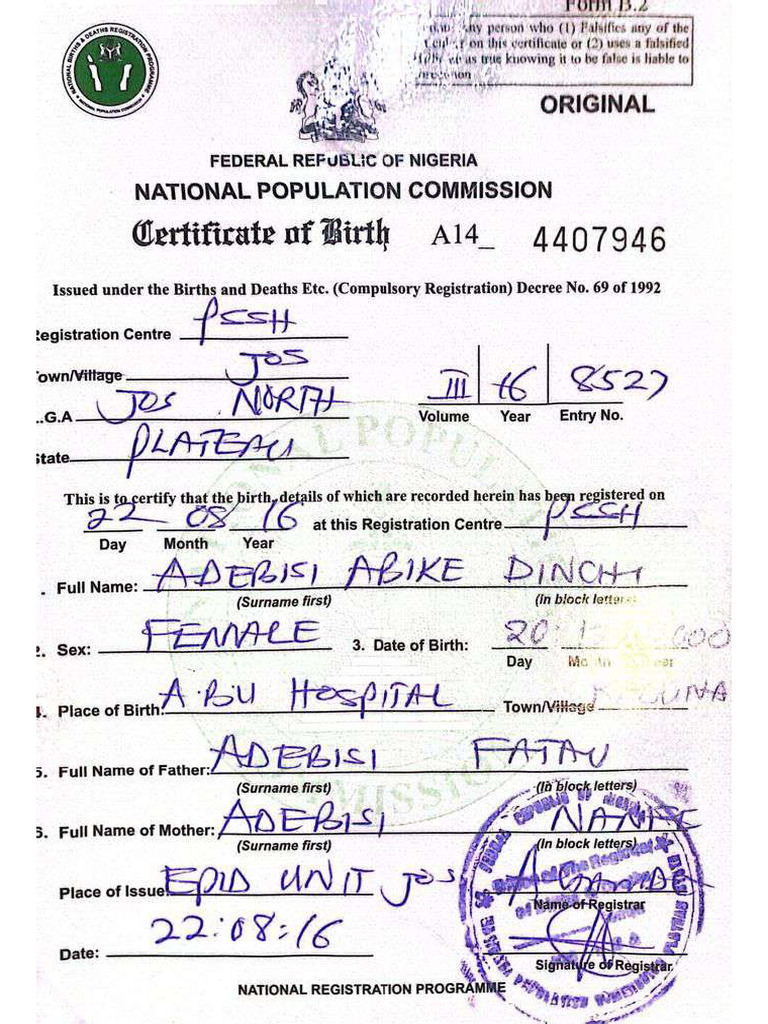Adebisi Abike Dinchi - Birth Certificate | PDF